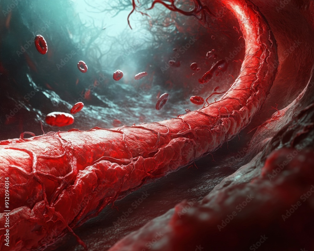An intricate view of a blood vessel surrounded by red blood cells ...