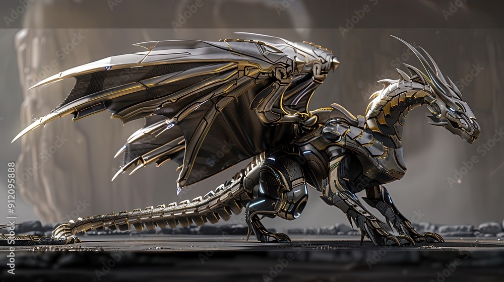 Futuristic mechanical dragon with metallic scales and wings, depicted ...