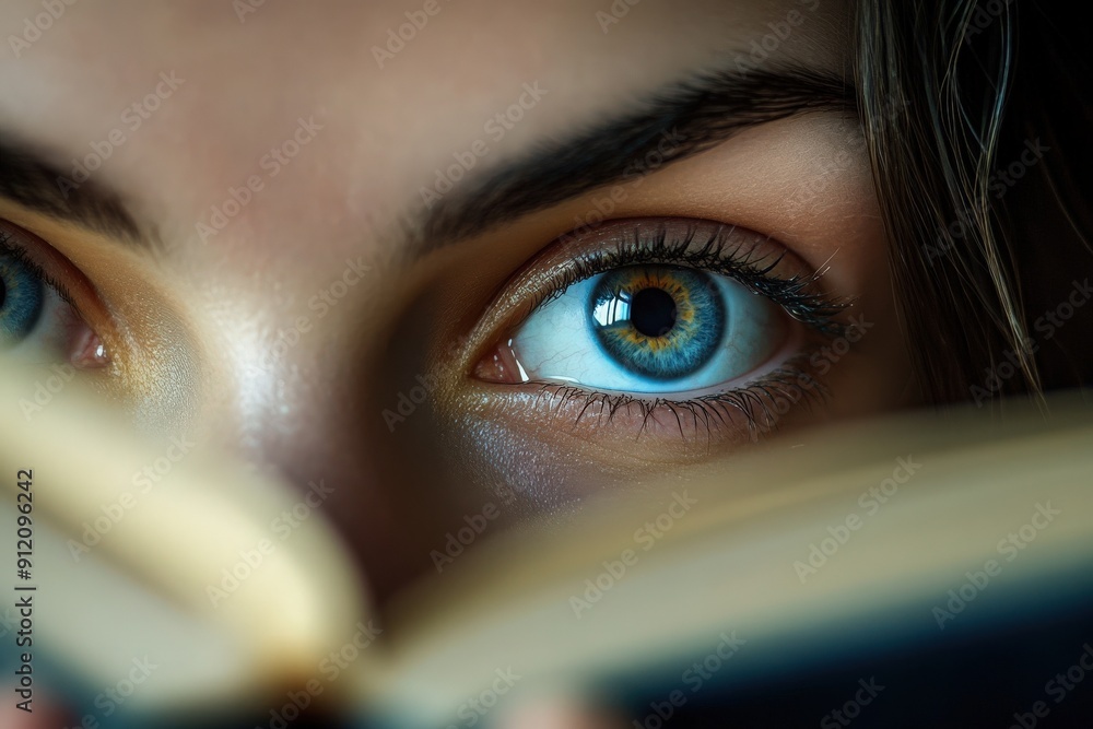 Close-up of captivating blue eyes peering from behind an open book ...