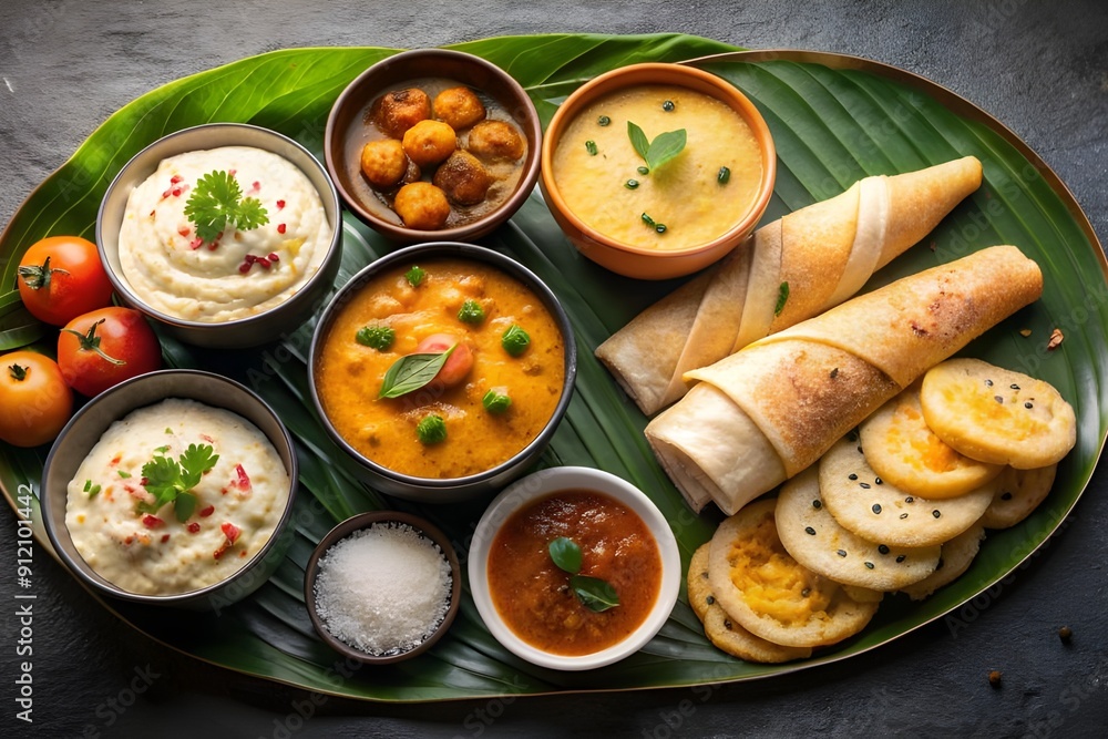 Group of South Indian food like Masala Dosa, Uttapam, Idliidly ...