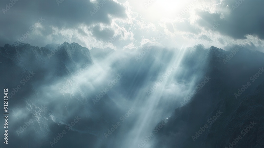 Sunlight streaming through clouds above dramatic mountain terrain ...
