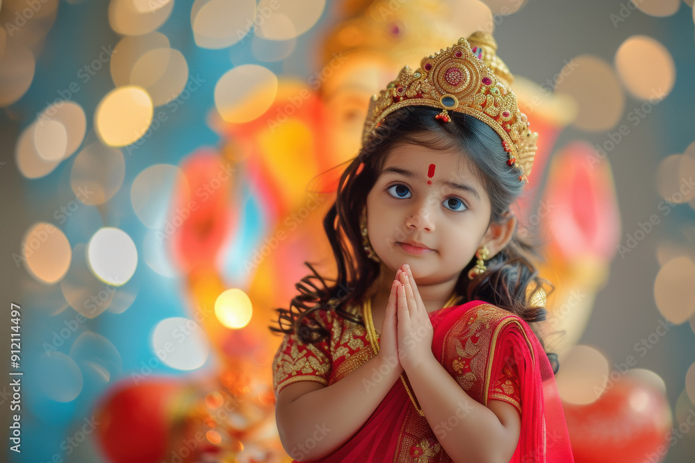 Indian cute girl wearing traditional dress and prayer, and side table ...