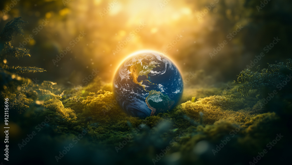 3d rendering of planet earth surrounded by green plants. The background ...