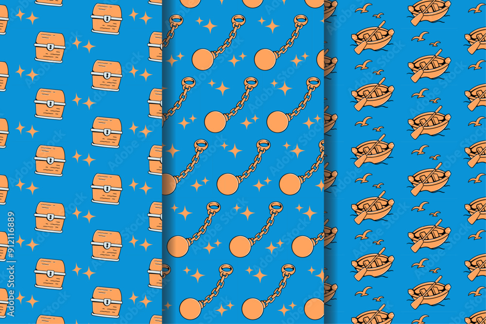set of pirate marine supply doodle seamless pattern on blue background ...