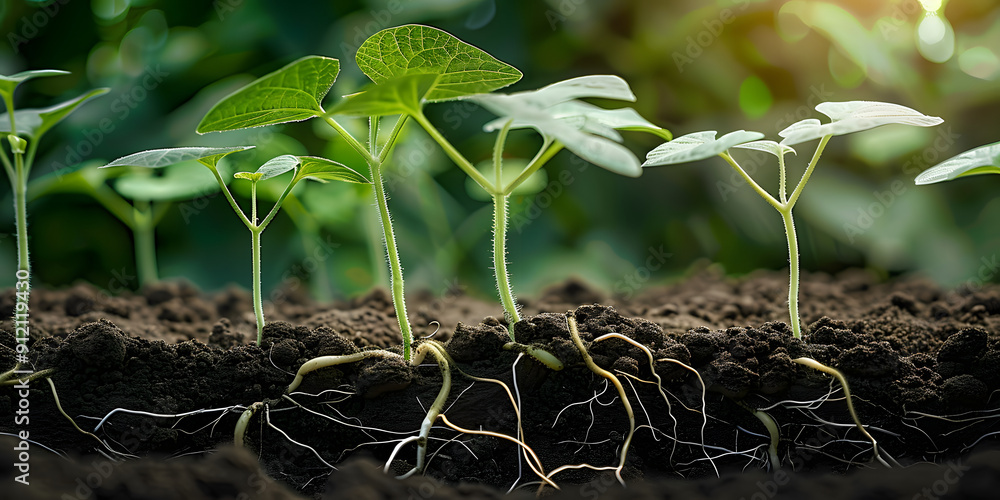 Roots of green soybean plants thriving in soil. Concept Green Soybeans ...