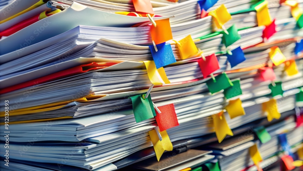 Official papers stacked high with brightly colored tabs and flags ...