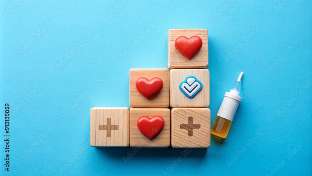 Colorful wooden blocks with medical symbols, including heart, syringe ...