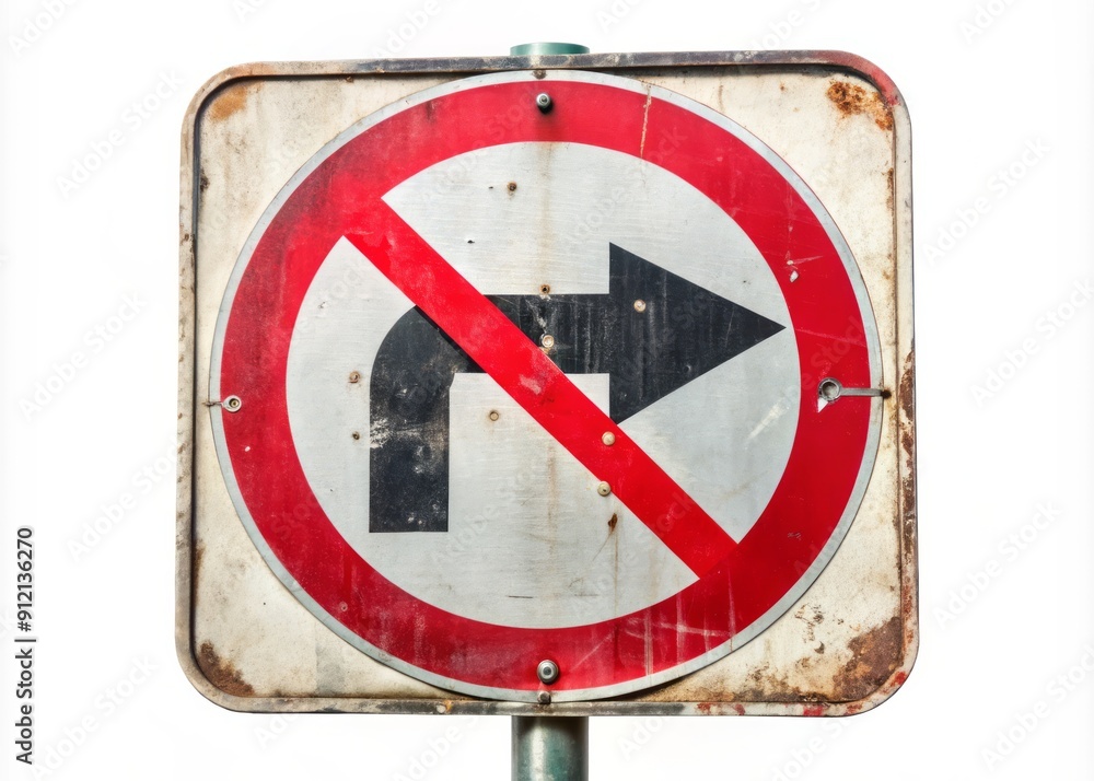 Distorted and damaged no left turn traffic sign isolated on white ...