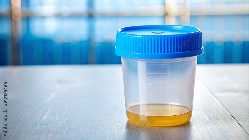 Clear plastic container with blue lid for collecting urine samples for ...