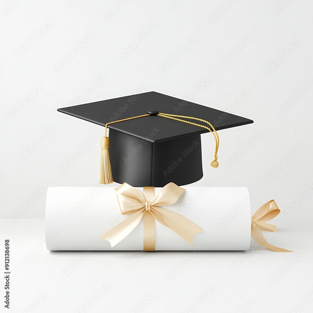 Graduation cap with a diploma wrapped in a golden ribbon, symbolizing ...