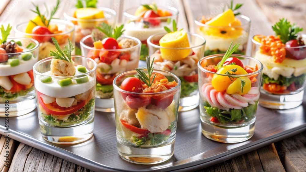 Elegant glasses filled with delectable seafood canapés featuring tuna ...