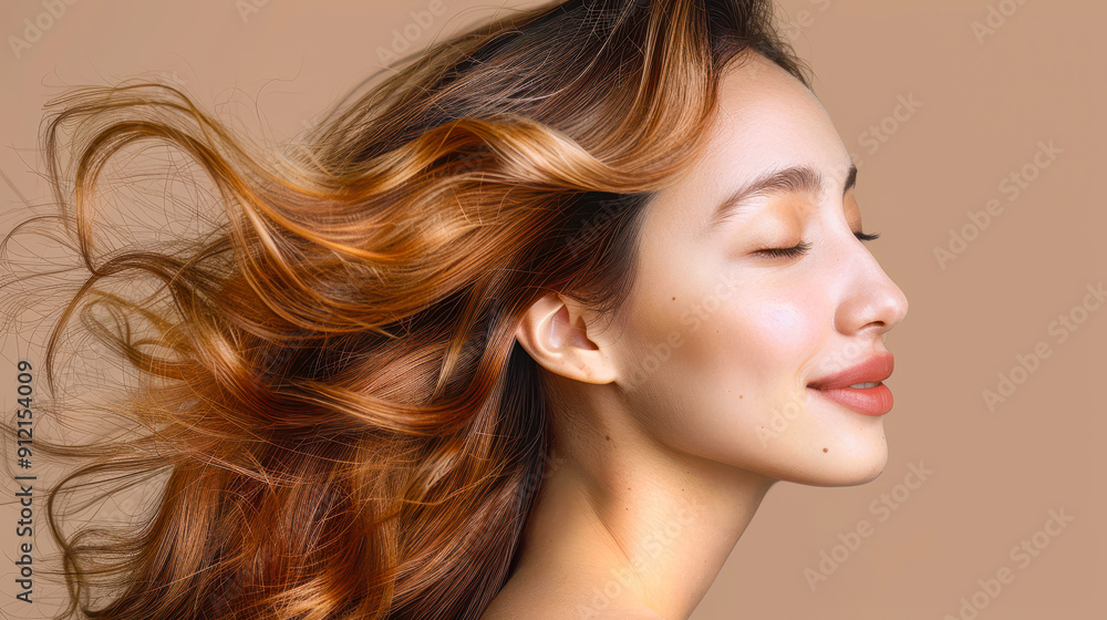 Elegant woman with beautiful flowing hair, natural beauty, glowing skin, serene expression ...