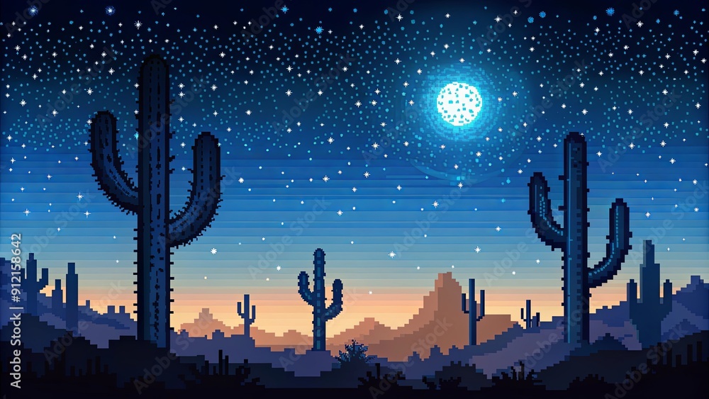 Pixel art desert night with starry sky and silhouettes of cacti, pixel ...