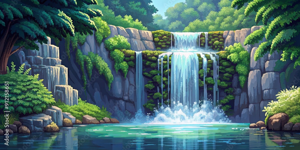 Pixel art waterfall with flowing water, lush vegetation and serene ...