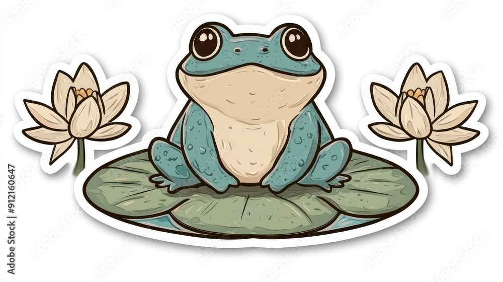 Cute Cartoon Frog Sitting on a Lily Pad with Two Water Lilies Stock ...