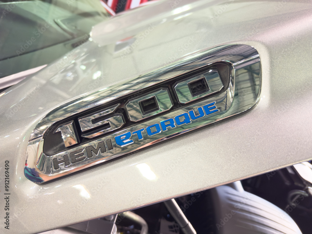 Dodge Ram 1500 HEMI e Torque technology motor badge closeup. Stock ...