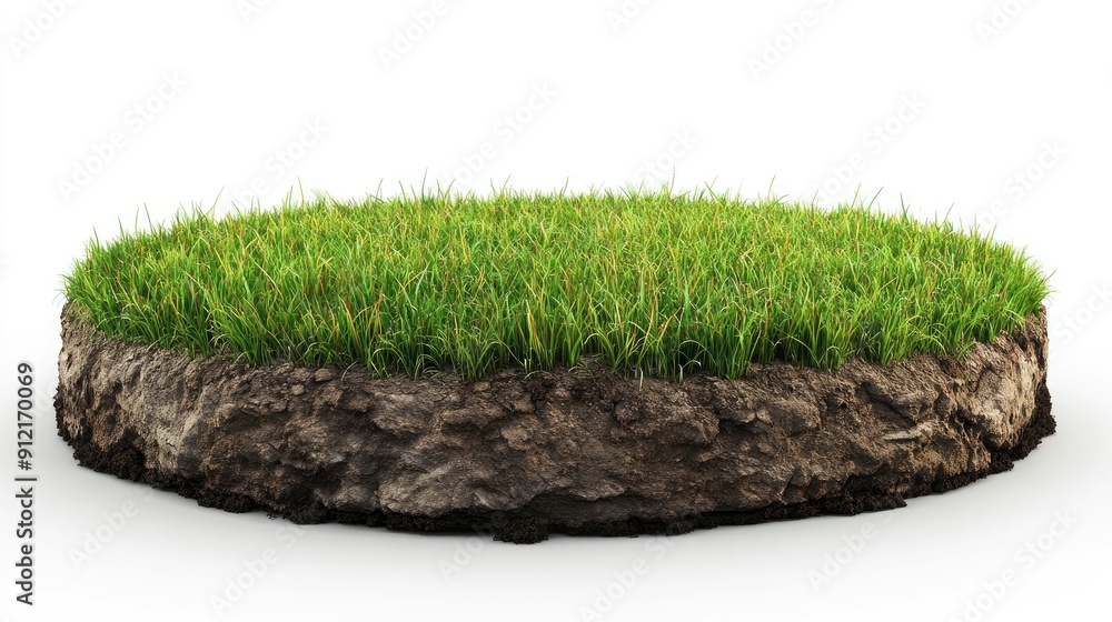 3D grass ground platform with green lawn and garden soil, isolated ...