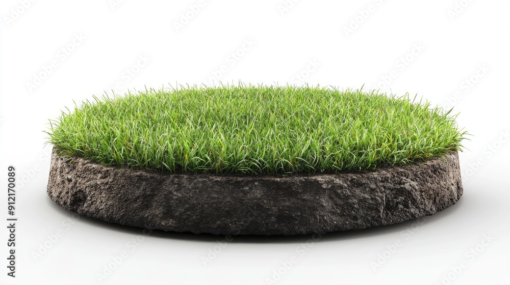 3D grass ground platform with green lawn and garden soil, isolated ...