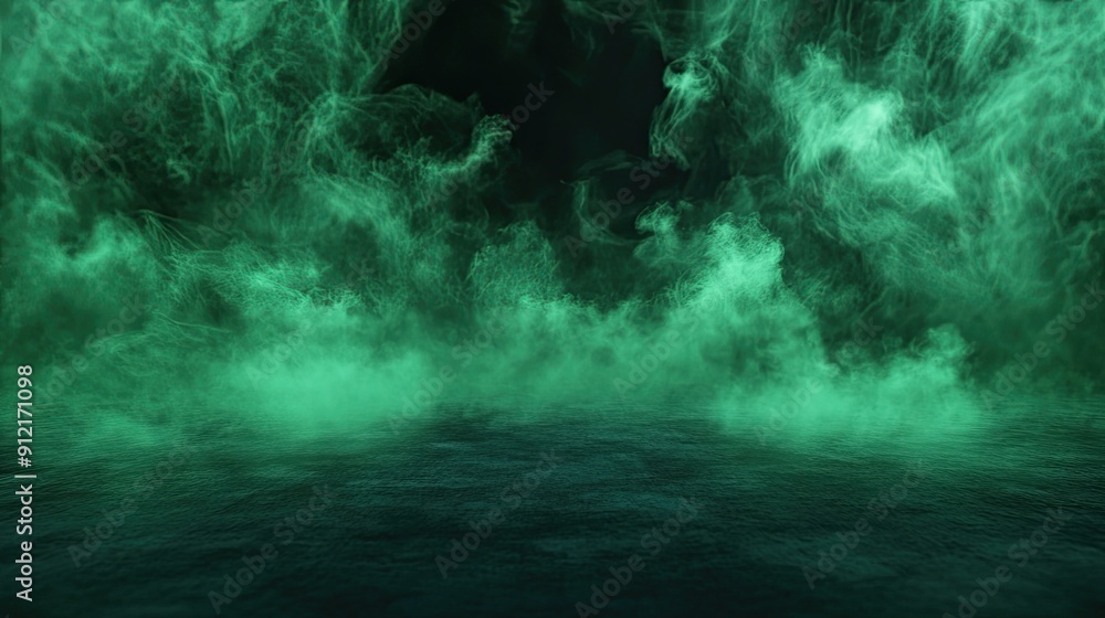 Green smoke background over dark ground, with light and mist effects ...