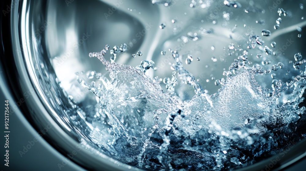 "Water splash inside a washing machine drum. The image captures the ...