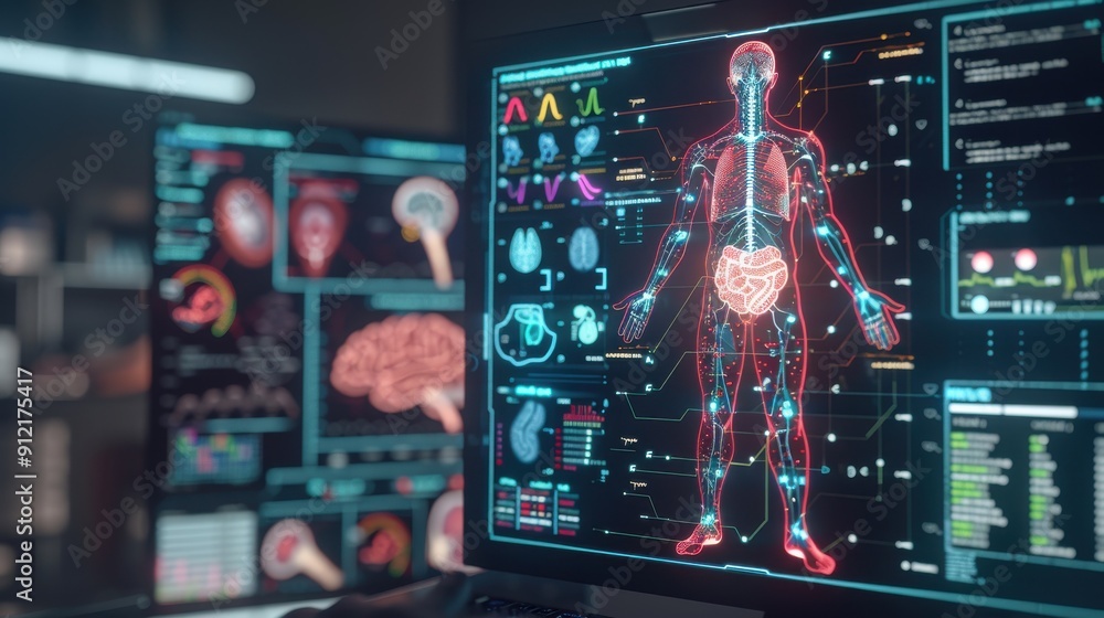A digital interface displaying a detailed anatomical model of the human ...