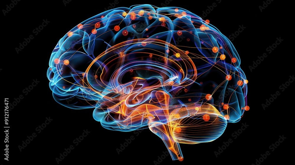 A detailed illustration of a brain with highlighted regions indicating ...