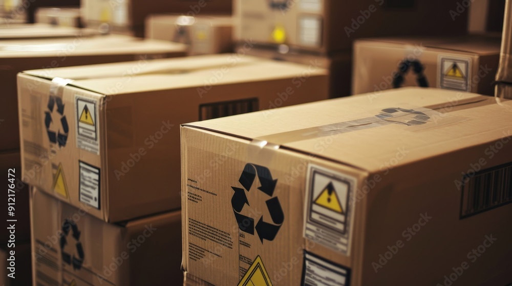 Stacked Cardboard Boxes with Recycle Symbol and Warning Signs - A stack ...