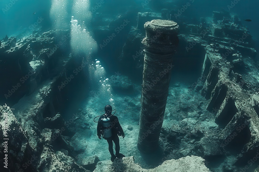 ภาพประกอบสต็อก mysterious underwater scene featuring a diver in sleek ...