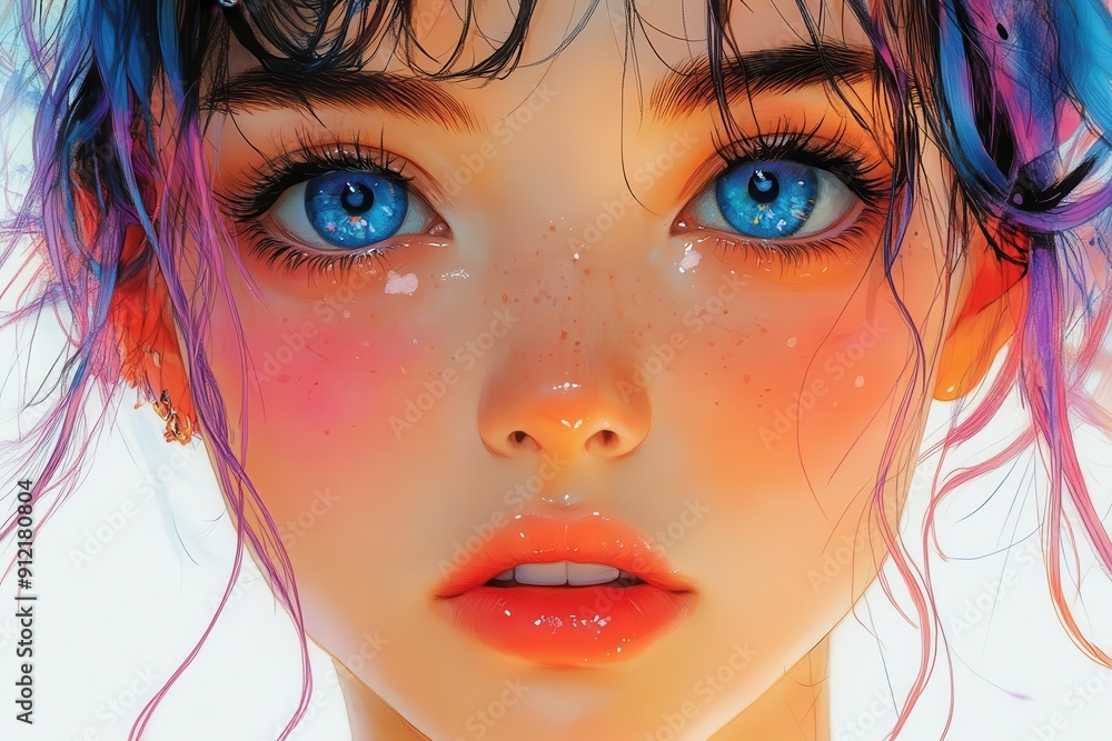 stylized portrait of a pretty anime girl rendered in bold marker ...