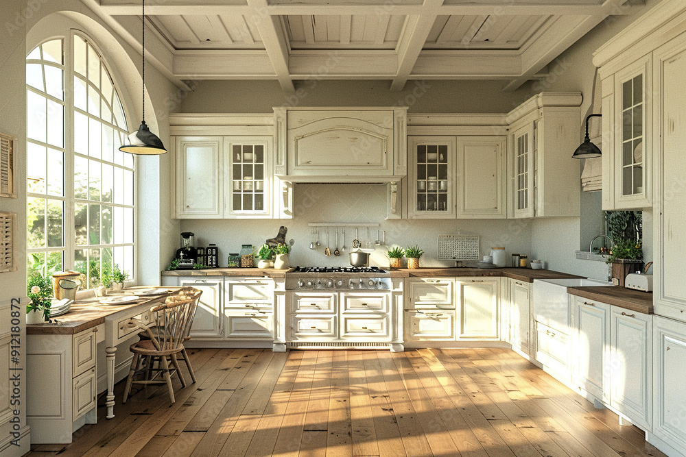 Elegant french country style kitchen with with large windows and wooden ...