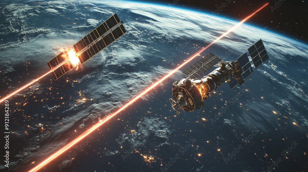 In space, two satellites fight using laser weapons. This shows the ...