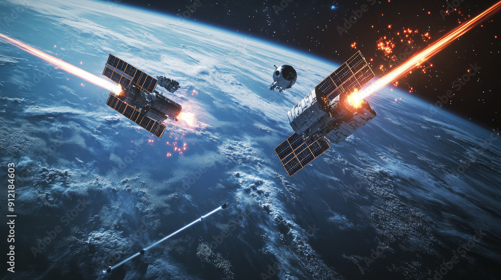 In space, two satellites fight using laser weapons. This shows the ...