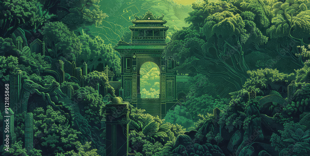 Ancient Gateway to a Lush Forest - An ancient, ornate gateway stands ...