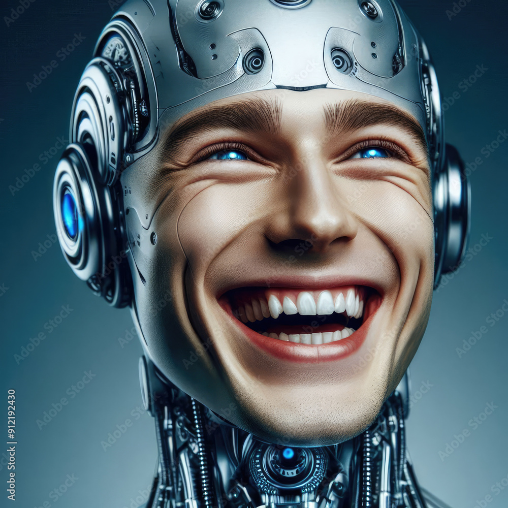 A joyful humanoid robot with a realistically designed face smiling ...
