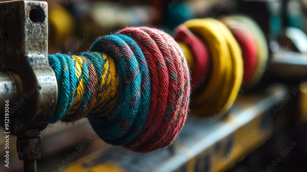 "Textile coils and rope displayed in a textile machine environment. The ...