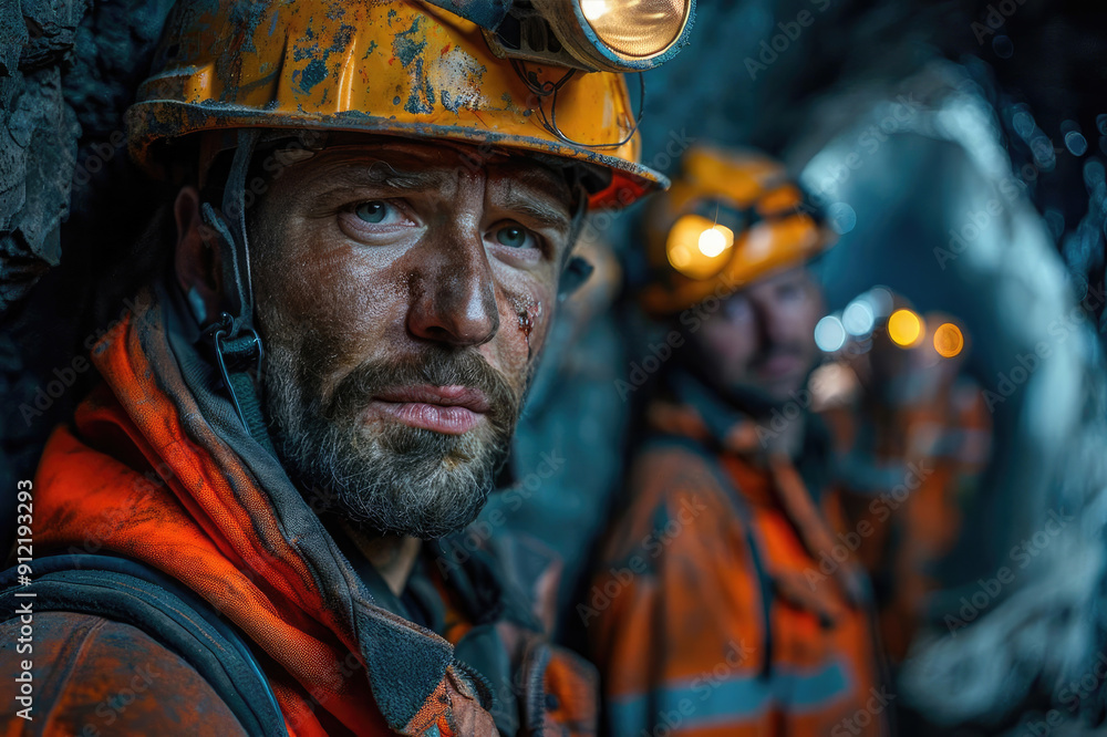 Exhausted team of miners, clad in hard hats and headlamps, captured in ...