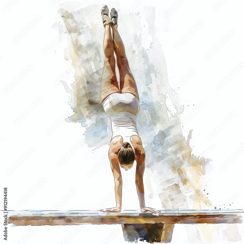 Female Gymnast Performing Handstand on a Beam, Watercolor Illustration ...