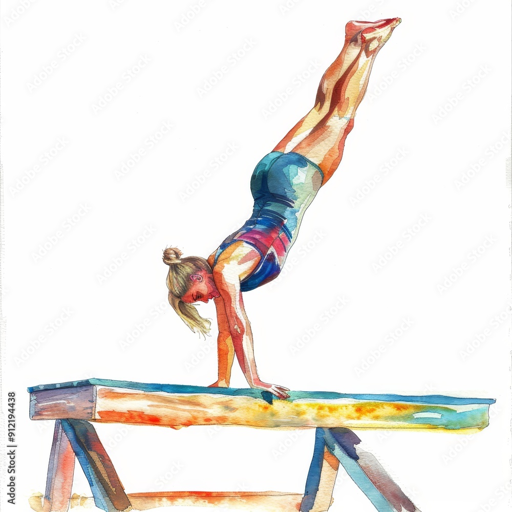 Female Gymnast Performing Handstand on Balance Beam Watercolor ...
