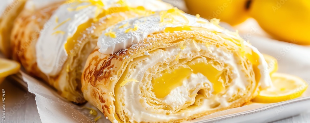 Lemon Swiss roll with a tangy lemon curd filling, closeup, against a ...