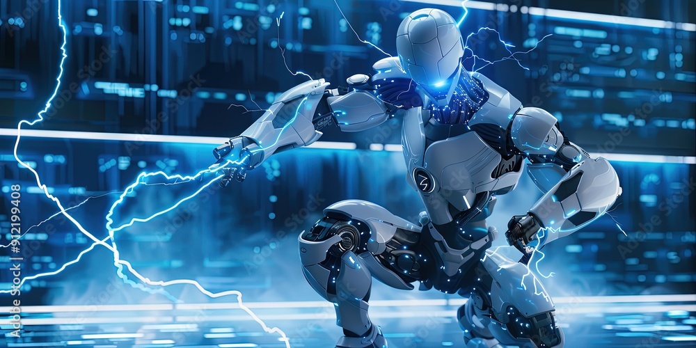 dynamic AI robot striking a winning pose The atmosphere is digital and ...