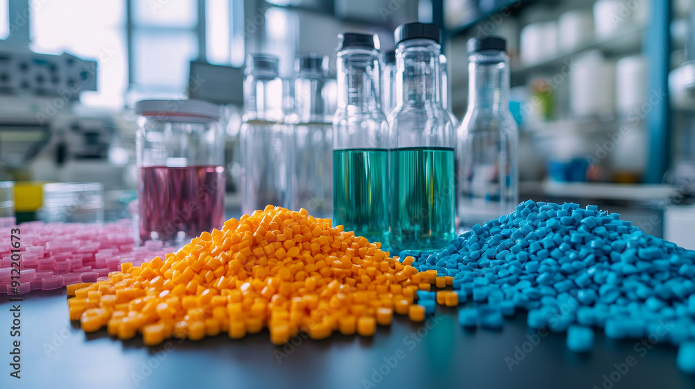 "Plastic raw material in granules against the background of a chemical ...