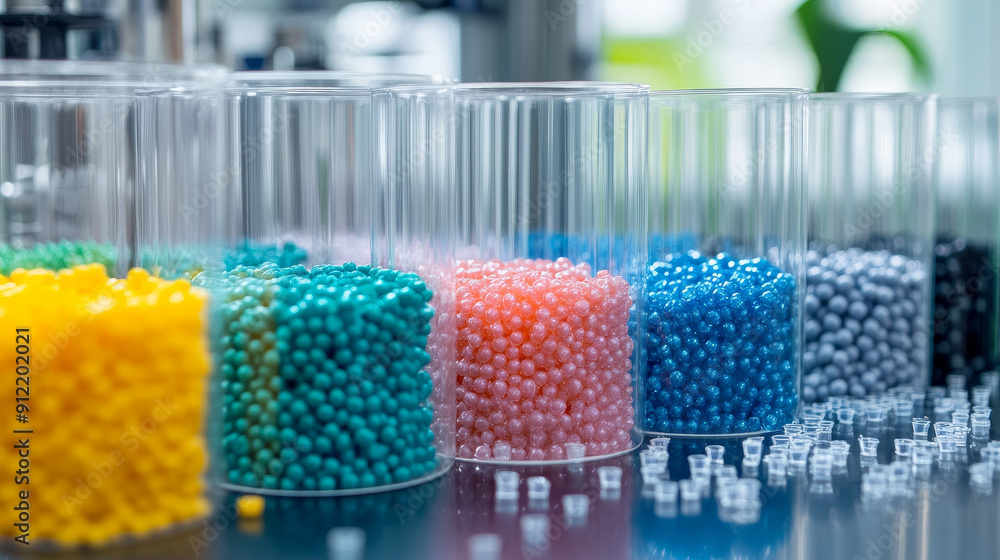 "Plastic raw material in granules against the background of a chemical ...