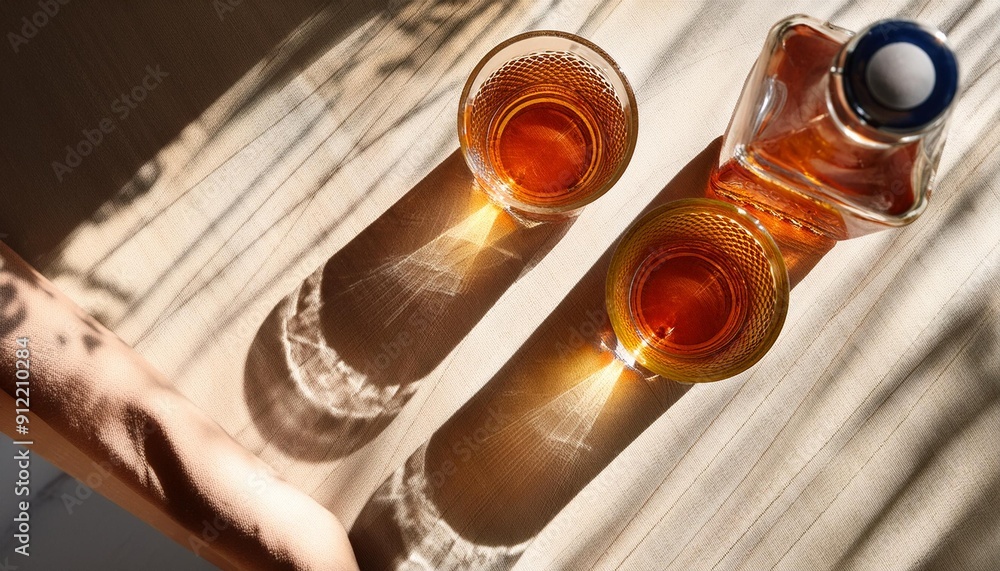 bebida alcohólica, licor dorado en una botella de cristal junto con ...