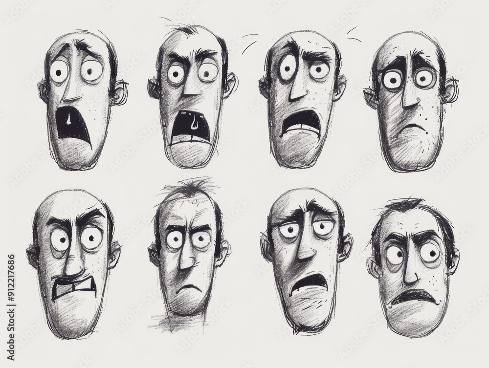 Quirky whimsical doodle art sketches featuring a collection of faces ...