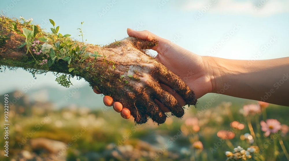 3. **Depict a human hand reaching out to grasp a hand formed from soil ...