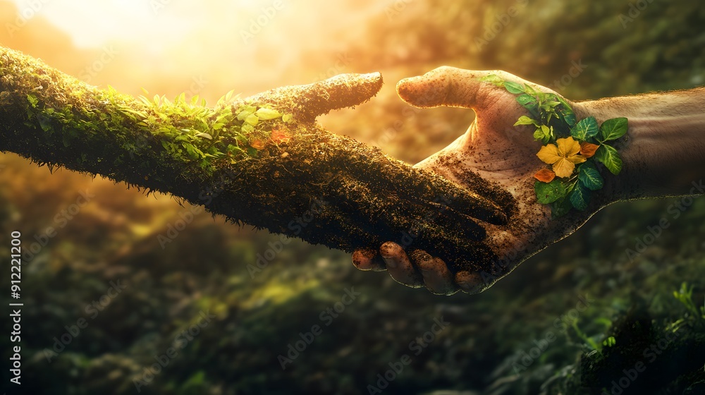 3. **Depict a human hand reaching out to grasp a hand formed from soil ...