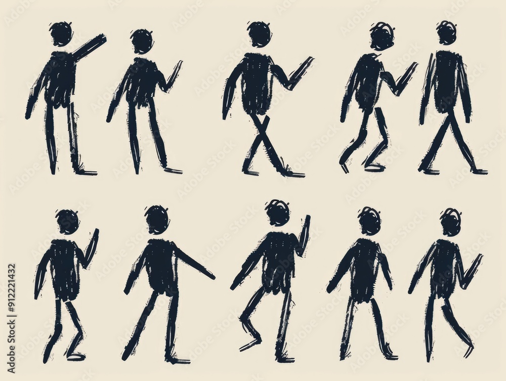 This image showcases a series of expressive doodle art stick figure ...
