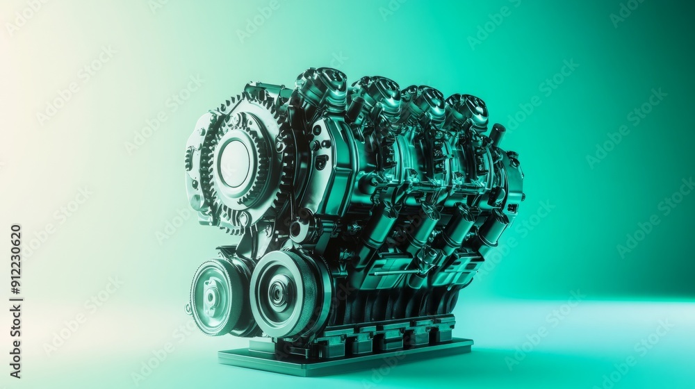 A high-tech petrol engine operating with direct injection and visible ...