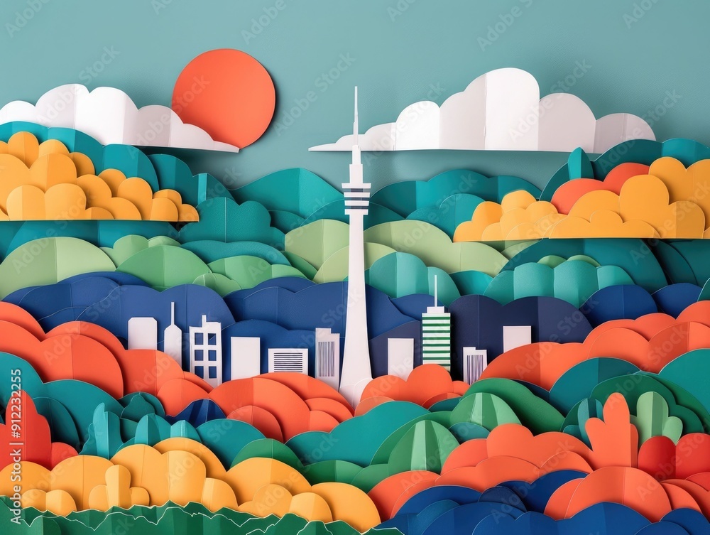 This digital artwork showcases a vibrant and imaginative papercut ...