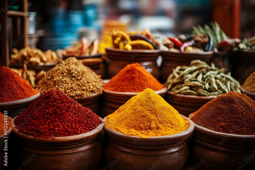 A bustling spice market with vibrant displays of aromatic spices ...